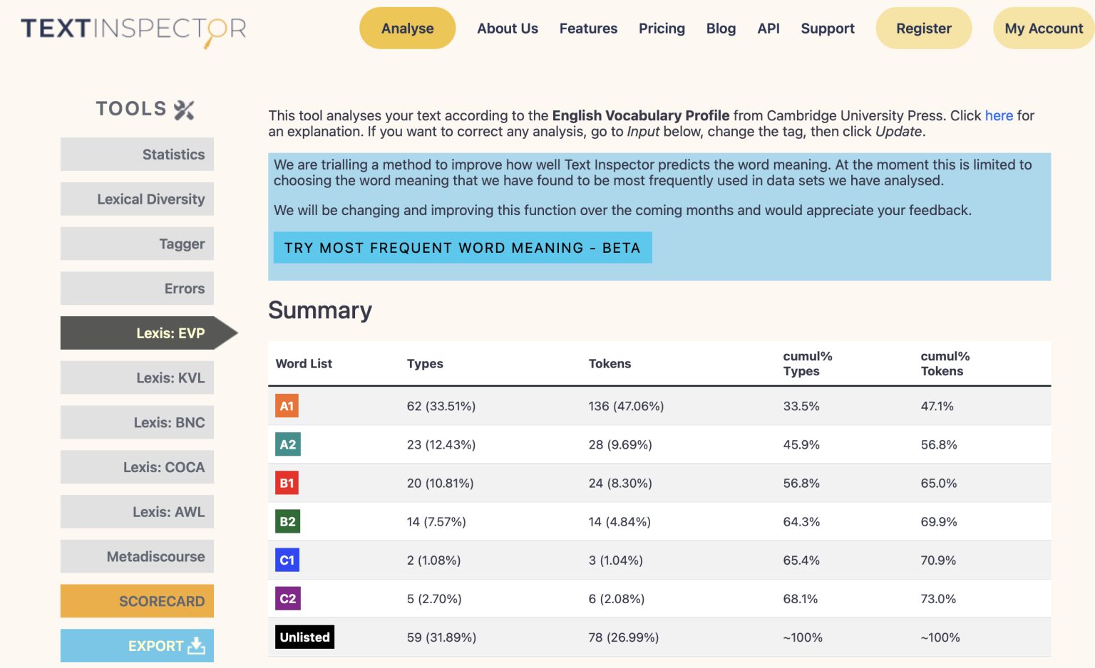 Text Inspector: English Vocabulary Profile