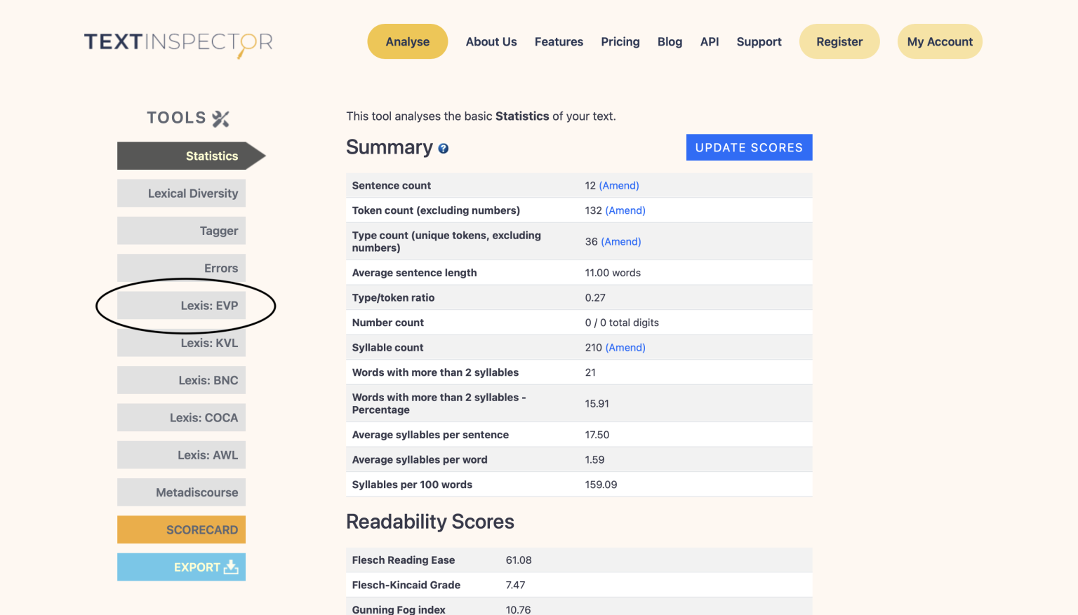 Text Inspector: English Vocabulary Profile
